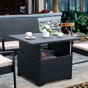 outdoor pe wicker liftable coffee table - patio rattan garden furniture multi-functional storage tea table, black