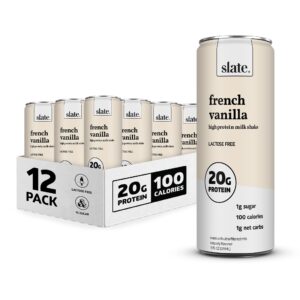 slate milk - high protein milk shake - french vanilla - lactose free, 20g protein, 1g sugar, 100 calories, 1g net carbs, no added sugar - natural, breakfast boost, post workout - 11 fl oz, 12 cans