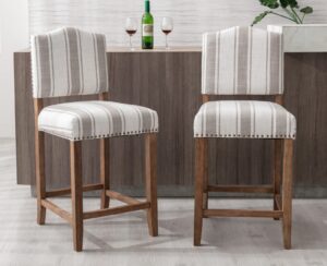 cimota counter height bar stools set of 2 farmhouse bar chairs mid century counter stools barstools with back kitchen stools with wood legs for island/dining room, linen beige brown stripe, 26 inch