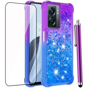 caiyunl for oneplus nord n300 5g case with tempered glass screen protector,glitter bling floating liquid women girls cute phone case soft tpu protective cover for oneplus nord n300 5g-purple blue