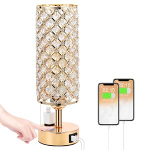 hong-in crystal table lamp, gold lamp for bedroom with usbc-a+ ac charging ports, 3 way dimmable light with crystal lampshade, bedside lamp touch light for girl room, charge phone (bulb included)