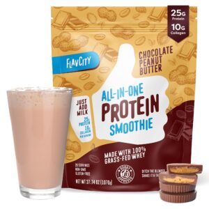 flavcity protein powder smoothie, chocolate peanut butter - 100% grass-fed whey protein smoothie with collagen (25g of protein) - gluten free & no added sugars (37.74 oz)