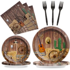 tevxj 96pcs western tableware set cowboy paper plates cowboy themed party plates napkins forks for baby shower birthday party decorations supplies 24 guests