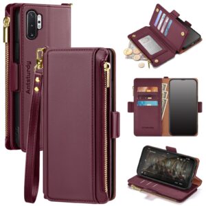 antsturdy compatible with samsung galaxy note 10+ plus case wallet with card holder for women men phone case rfid blocking pu leather flip cover with strap zipper credit card slots,wine red