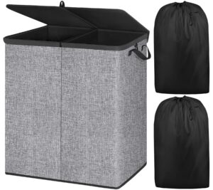 pheswisom 150 l extra large laundry hamper with lid, double laundry hamper 2 section with removable bags, dirty clothes hamper for storage sorter, dual laundry hamper for bedroom, college, dorm, grey