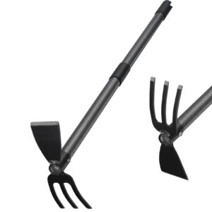 hoe and cultivator gardening hand tools, heavy duty stainless steel garden hoe and 3 fork hand tiller for gardening weeding planting with adjustable handle 30 inch