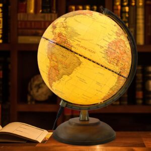 jowhol illuminated globe of the world with wooden stand, 8'' vintage world globe built in led night light, antique desktop globe for kids&adults' geography learning, decor for home office classroom