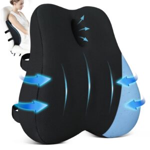 lumbar support pillow for office chair, cooling memory foam pillow for back pain relief, ergonomic back support pillow with dual extension straps for car, couch, recliner, gaming chair, black