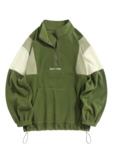 zaful men's fluffy polar fleece sweatshirt new york embroidery colorblock half zip unisex hoodie deep green m