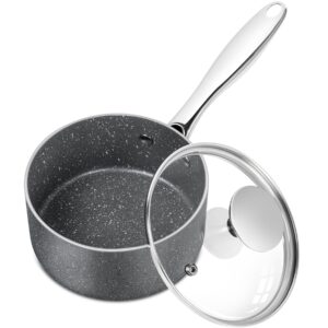 michelangelo sauce pan with lid, 1 quart saucepan with lid granite, non stick sauce pan with stainless steel handle, 1 qt saucepan with nonstick coating, grey