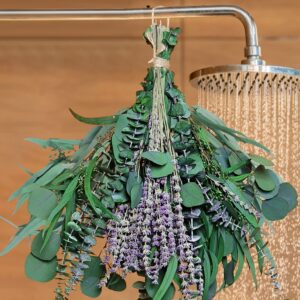 52 pcs mix dried eucalyptus & lavender flowers bundles for shower, 17'' natural real hanging silver dollar eucalyptus leaves stems, fragrance fresh plants home bathroom decor (52pcs)