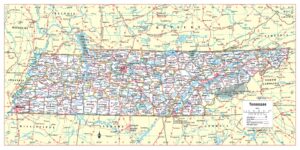 tennessee state wall map large print poster- poster size (36"wx18"h) rolled (laminated)