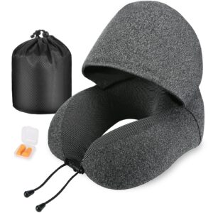 cirorld neck pillow for travel, memory foam travel pillow with hood, adult airplane pillow for head rest neck support, portable pillow for office cars trains long flights sleeping (deep grey)