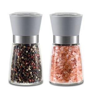 vzaahu salt and pepper grinder set grey - refillable small sea salt & peppercorn shakers set, adjustable coarseness, ceramic burr, premium glass salt & pepper mill