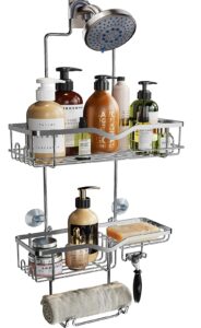 amada hanging shower caddy, shower caddy over shower head, rustproof stainless steel shower organizer with soap holder & hooks, shower rack for shampoo, sponges, towels, no drilling required, silver