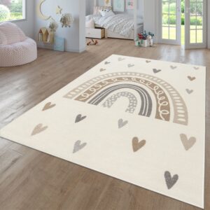 paco home kids room rug with rainbow and hearts in beige brown, size: 5'3" x 7'3"