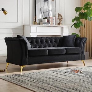 kevinplus 84'' chesterfield sofa couch for living room, modern velvet 3-seat upholstered sofa couch for apartment bedroom dorm office, strong gold metal legs, 2 pillows, black