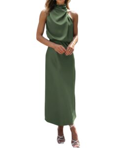 btfbm women's sleeveless cocktail dresses mock neck keyhole elastic high waist wedding guest evening party maxi dress(solid army green, medium)