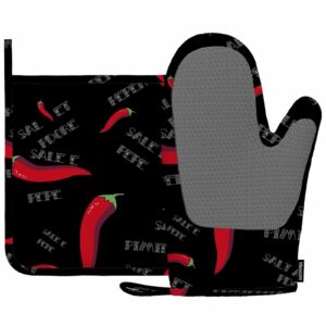 mxocom spicy red chili peppers heat-resistant oven mitts and pot holder hottest bird's eye chili black background kitchen non-slip cooking microwave gloves for cooking baking grilling