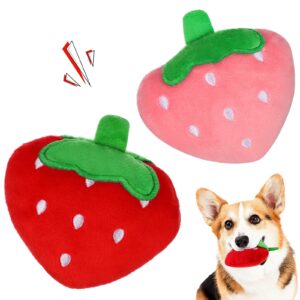 popetpop 2pcs dog plush squeaky toys - soft strawberry shape interactive puppy chew toy stuffed strawberry for dogs teething, playing, chewing for holiday christmas