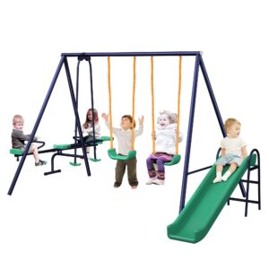 dithoko 4 in 1 multifunction kids swing set, metal for backyard, outdoor heavy duty extra large frame with 2 adjustable swing, 1 glider, 1 slide and 1 teeter-totter