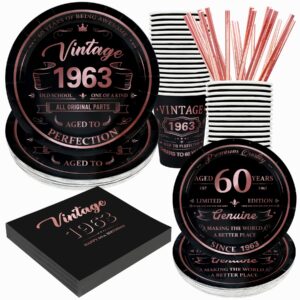 60th birthday decorations for women, vintage 1963 black and rose gold disposable paper plates and napkins party supplies for 24 guests, 120 pcs include 7" and 9" plates, 9oz cups, napkins and straws