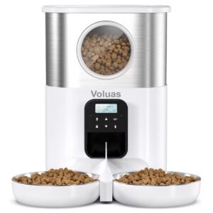 voluas automatic cat feeders for two cats, pet feeder for cats and dogs timed cat feeder pet dry food dispenser, white