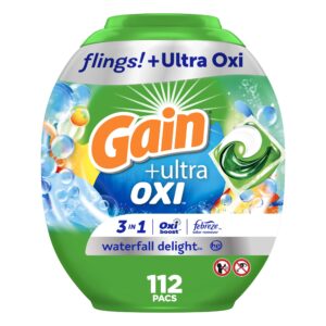 gain flings ultra oxi laundry detergent pacs, 112 count, waterfall delight scent, 3-in-1, he compatible