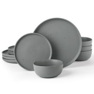 famiware dawn plates and bowls sets, 12 pieces stoneware dinnerware sets, dishes set for 4, microwave and dishwasher safe, dark gray