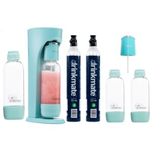 drinkmate omnifizz sparkling water and soda maker, carbonates any drink, party pack - includes two 60l co2 cylinders, three carbonation bottles, and two fizz infusers (arctic blue)