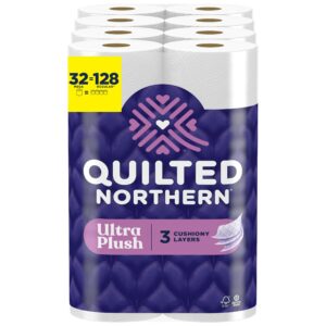 quilted northern ultra plush toilet paper, 32 mega rolls = 128 regular rolls, 3x thicker*, 3 ply soft toilet tissue