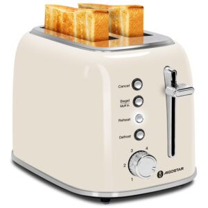 aigostar toaster 2 slice, retro extra-wide slot toaster for toasting bagel breads waffle & more with cancel, defrost function and 6 browning setting, removable crumb tray, stainless steel, cream white