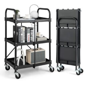 goplus folding utility cart, 3-tier rolling tool cart w/lockable wheels, divided storage compartments, collapsible metal service cart work cart for office home, garage, kitchen, black