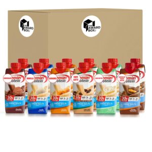 premier high protien shakes variety sampler pack, 11 fl. oz each - cafe latte, chocolate, vanilla, caramel, cake batter, chocolate peanut butter - 2 of each flavor (12 pack) in the award box