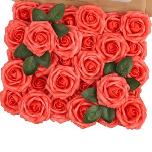 macting 30pcs artificial rose flowers real touch coral red flowers with stem fake roses for diy wedding bouquet table centerpieces party holiday baby shower home spring decorations