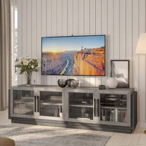 belleze 70" tv stand for tvs up to 75", modern tv cabinet & entertainment center with shelves, wood storage cabinet for living room or bedroom - brixston (grey)