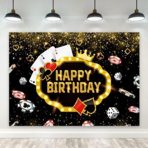 riyidecor casino happy birthday backdrop las vegas game night theme poker cards dice 7wx5h feet polyester fabric golden glitter dots photography background party table decor banner studio photo shoot