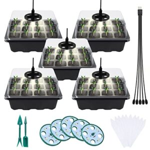 5 pack seed starter tray with grow light, reusable seedling starter kit with air vent humidity dome, 60-cells drain hole tray for greenhouse plant seed growing germination propagator (black)