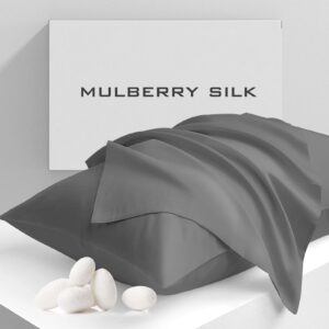 cobnom® pure mulberry silk pillowcases set of 2, king size silk pillow cases - grade-6a 19 momme soft smooth cooling with zipper, hair and skin friendly (gray, 20x36 inch)