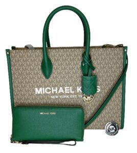 michael kors mirella md ew logo tote bag bundled with large continental wallet and purse hook (palmetto green)