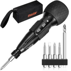 eravor 3.6v cordless electric screwdriver, rechargeable power screwdrivers, automatic home repair tool with non-slip handle & led light, includes 5pcs bit, 1800mah usb rechargeable battery - black