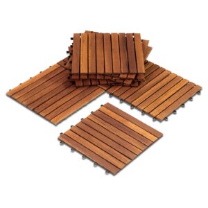 solid wood interlocking flooring tiles (pack of 10, 12" x 12"), solid wood deck tiles interlocking, patio tiles outdoor interlocking waterproof all weather (12, 9 slat)