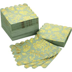 100 pieces 2 ply sage green napkins disposable gold foil floral paper napkins cocktail napkins scalloped napkin for dinner wedding bridal shower birthday party supplies decoration, 5 x 5 inch