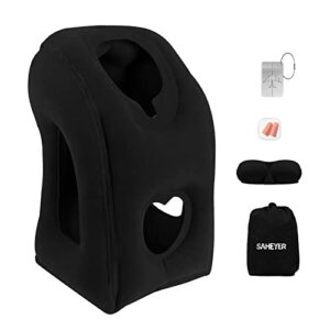 saheyer inflatable travel pillow, inflatable neck pillow for airplane travel essentials and office nap, with 3d eye mask, earplugs, luggage tag initial & portable drawstring bag (black)