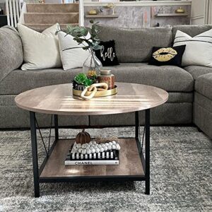 yitahome round coffee table,wood coffee table for living room,2-tier rustic farmhouse circle coffee table with sturdy metal legs storage shelf,grey wash