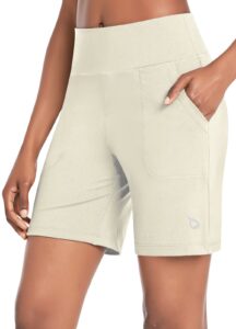 baleaf women's 7" athletic long shorts high waisted running bermuda shorts with pockets khaki medium