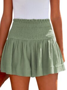 trendy queen cotton shorts lounge casual shorts cute elastic high waisted flowy shorts ruffle pleated trendy beach shorts summer vacation outfits clothing 2023 green