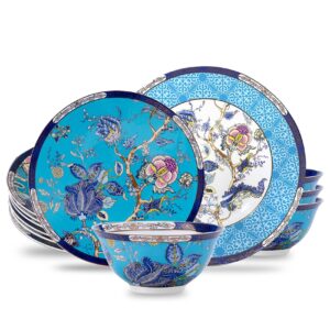 acmlife bone china dinnerware set for 4, 12-piece vintage floral dinnerware set, kitchen plates and bowls set, christmas gifts for women (blue a)