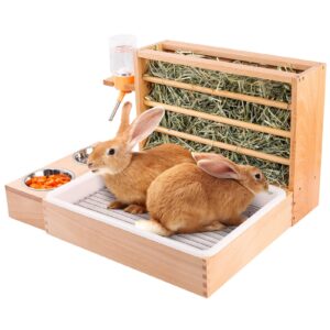 4 in 1 rabbit hay feeder with litter box bowls & water feeder, safe wooden bunny feeder manger, hay holder rack toilet for guinea pig hamster small animals