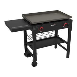 nexgrill 2-burner propane gas griddle, 38,000btus, 514 sq. in. flat top for outdoor cooking, patio, tailgating, and backyards, cart with caster, side shelves, black, 720-0785